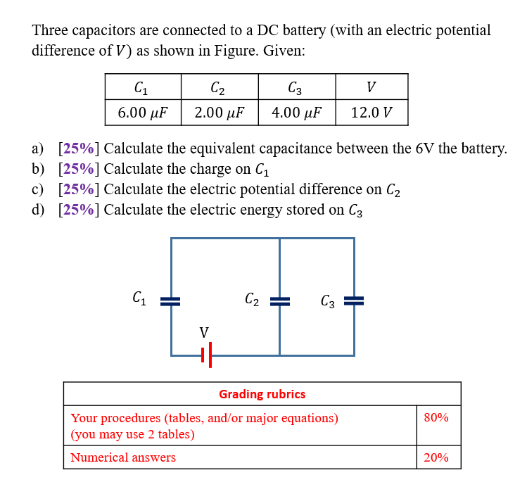 Solved Three capacitors are connected to a DC battery (with | Chegg.com