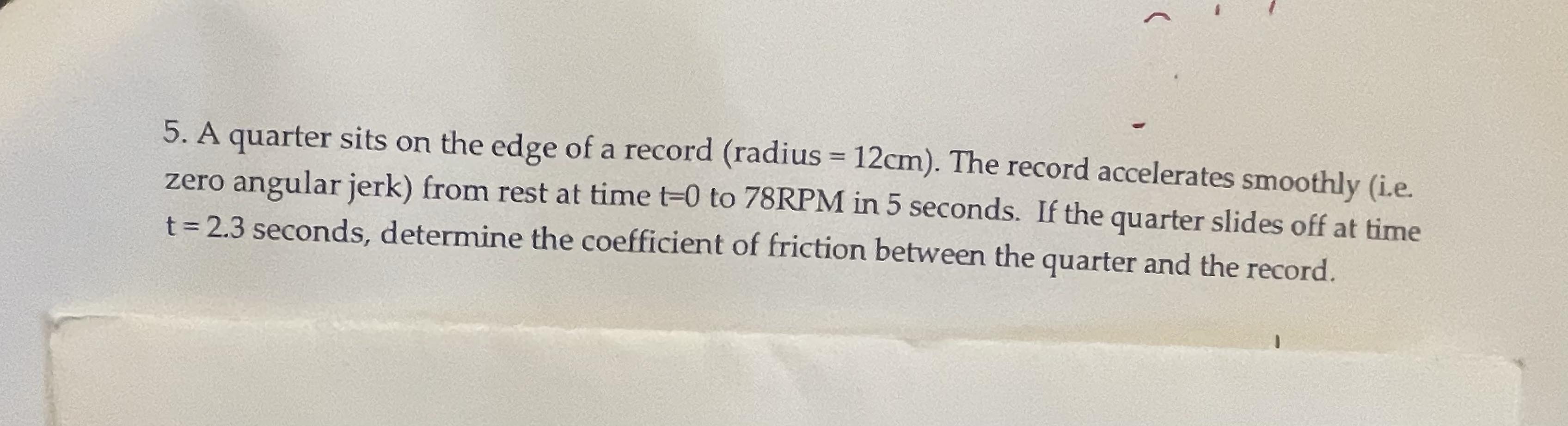 Solved 5. A quarter sits on the edge of a record (radius =12 | Chegg.com