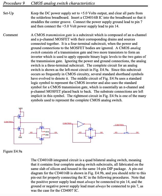 Solved Procedure 9 Set-Up Comment CMOS analog switch | Chegg.com