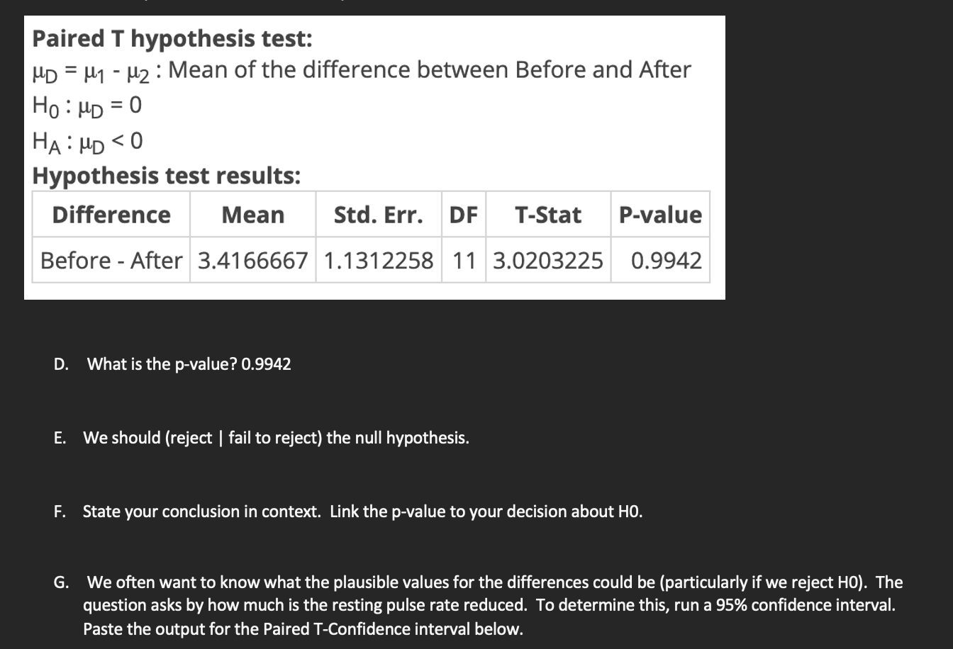 Solved Paired T hypothesis test: μD=μ1−μ2 : Mean of the | Chegg.com