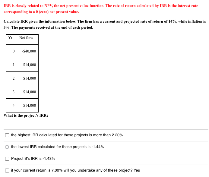 Solved IRR is closely related to NPV, the net present value | Chegg.com