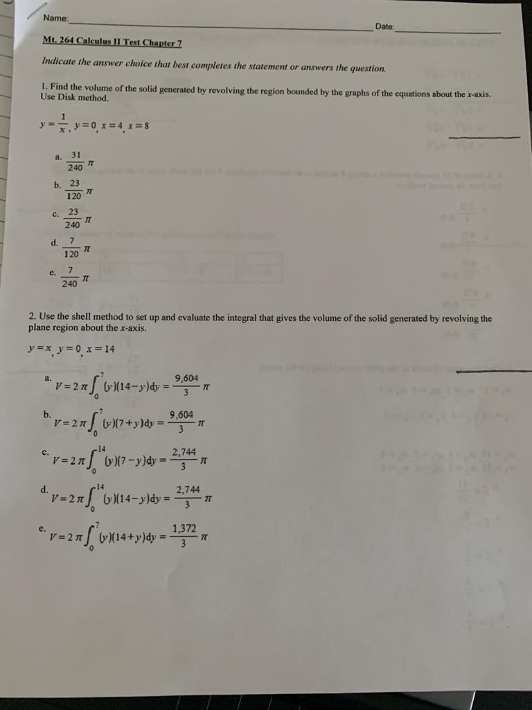 Solved Name: Date: Mt. 264 Calculus II Test Chapter 7 | Chegg.com