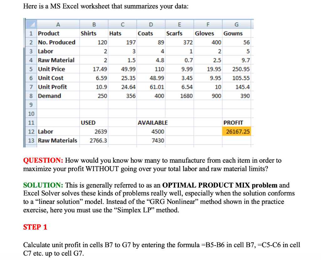 Goal Seek Exercise 5d Calculate Optimal Product Mix Chegg