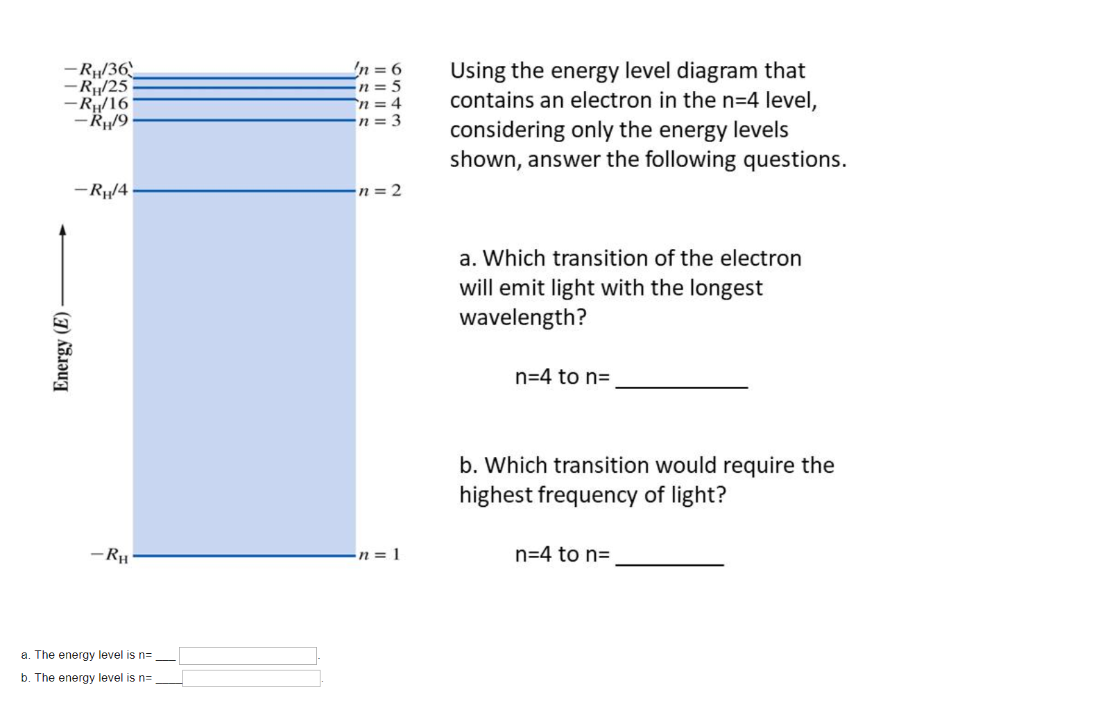 Solved -RH/36 -RH/25 -Ry/16 -RH/9 Using the energy level | Chegg.com