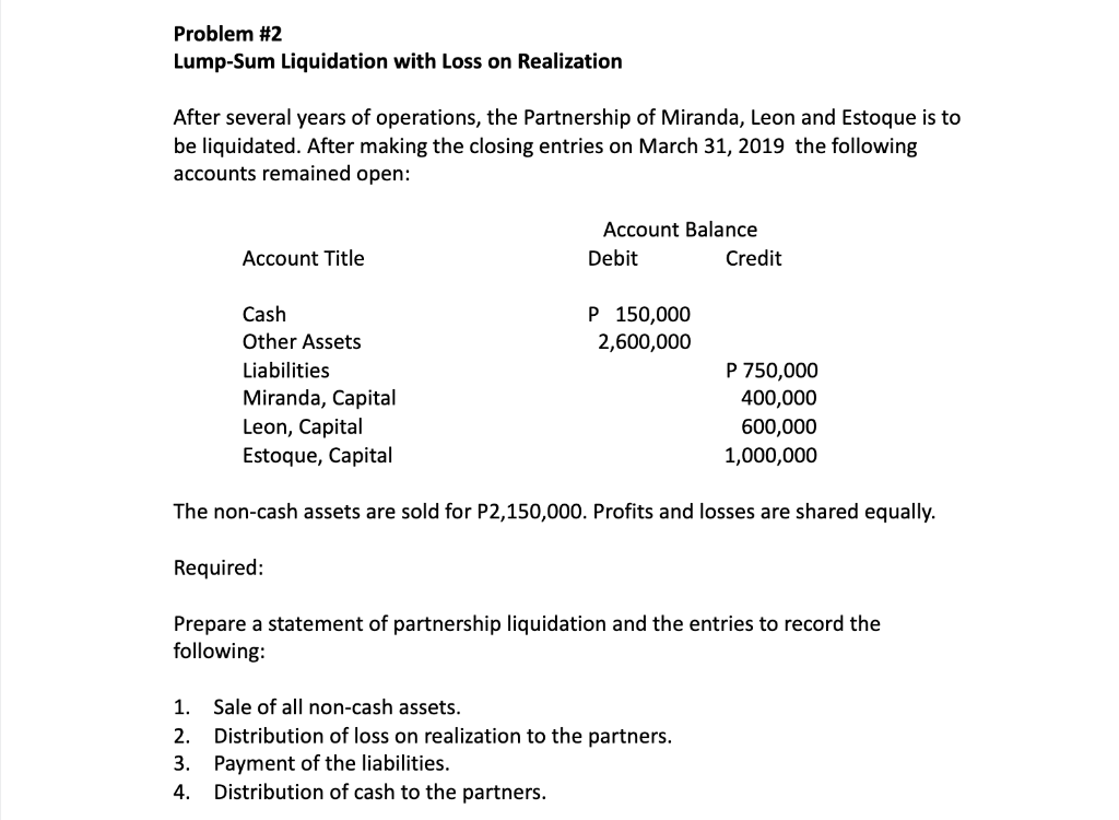 Solved Problem #2 Lump-Sum Liquidation with Loss on | Chegg.com