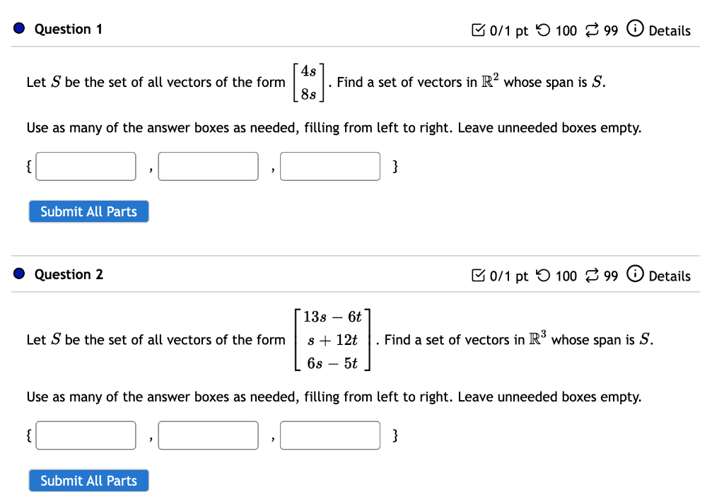 Solved Let S be the set of all vectors of the form [4s8s]. | Chegg.com