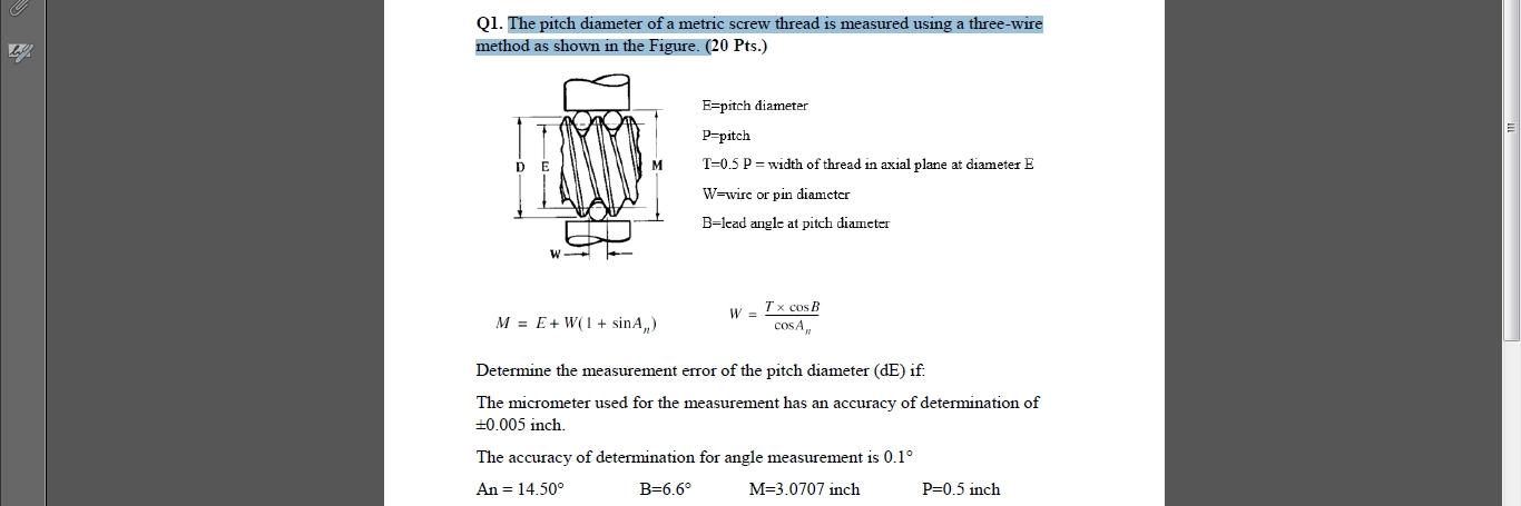 Q1. The pitch diameter of a metric screw thread is | Chegg.com
