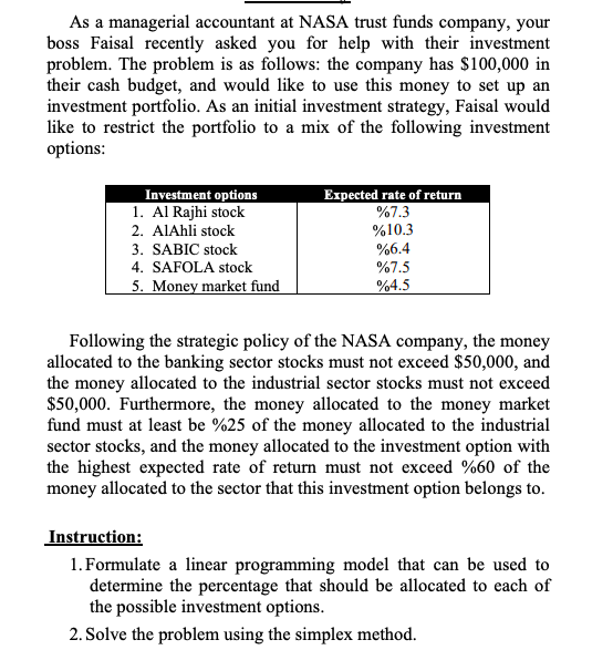 Solved As a managerial accountant at NASA trust funds | Chegg.com