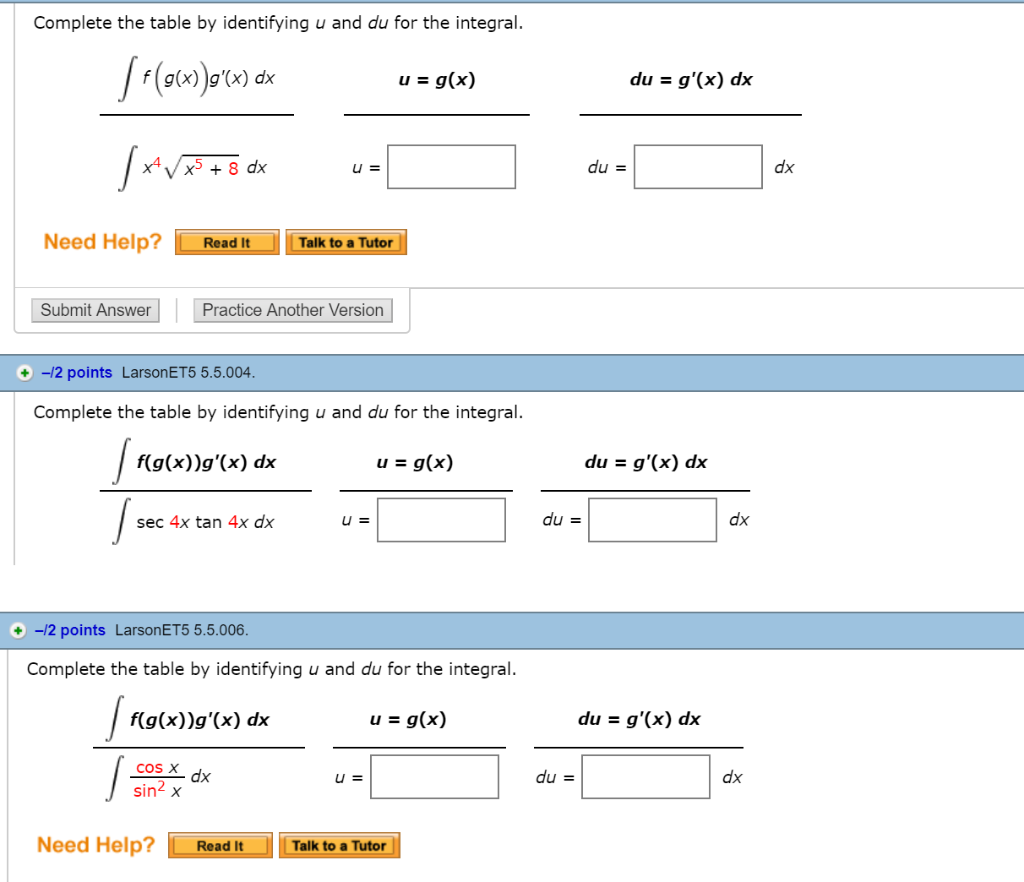 Solved Complete the table by identifying u and du for the | Chegg.com