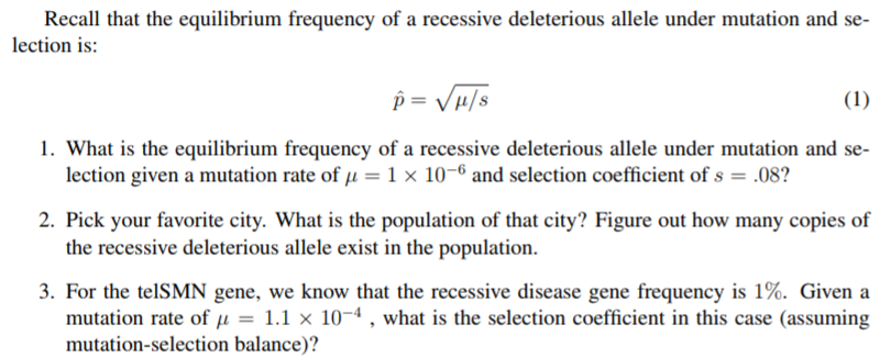 Solved Recall that the equilibrium frequency of a recessive | Chegg.com