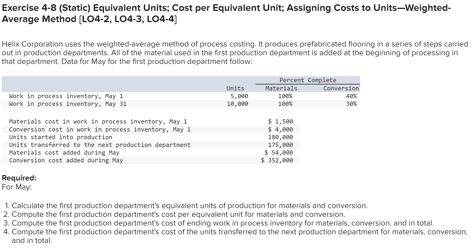Solved Exercise 4-8 (Static) Equivalent Units; Cost per | Chegg.com