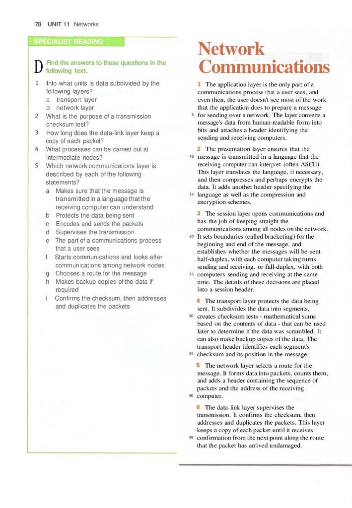 Solved 78 UNIT 11 Networks SPECIALIST READING Network | Chegg.com