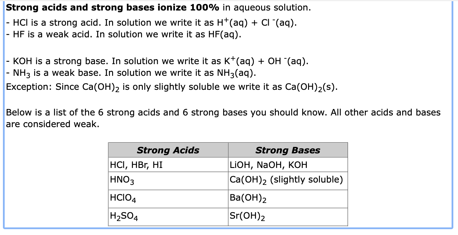 Solved Strong acids and strong bases ionize 100% in aqueous | Chegg.com