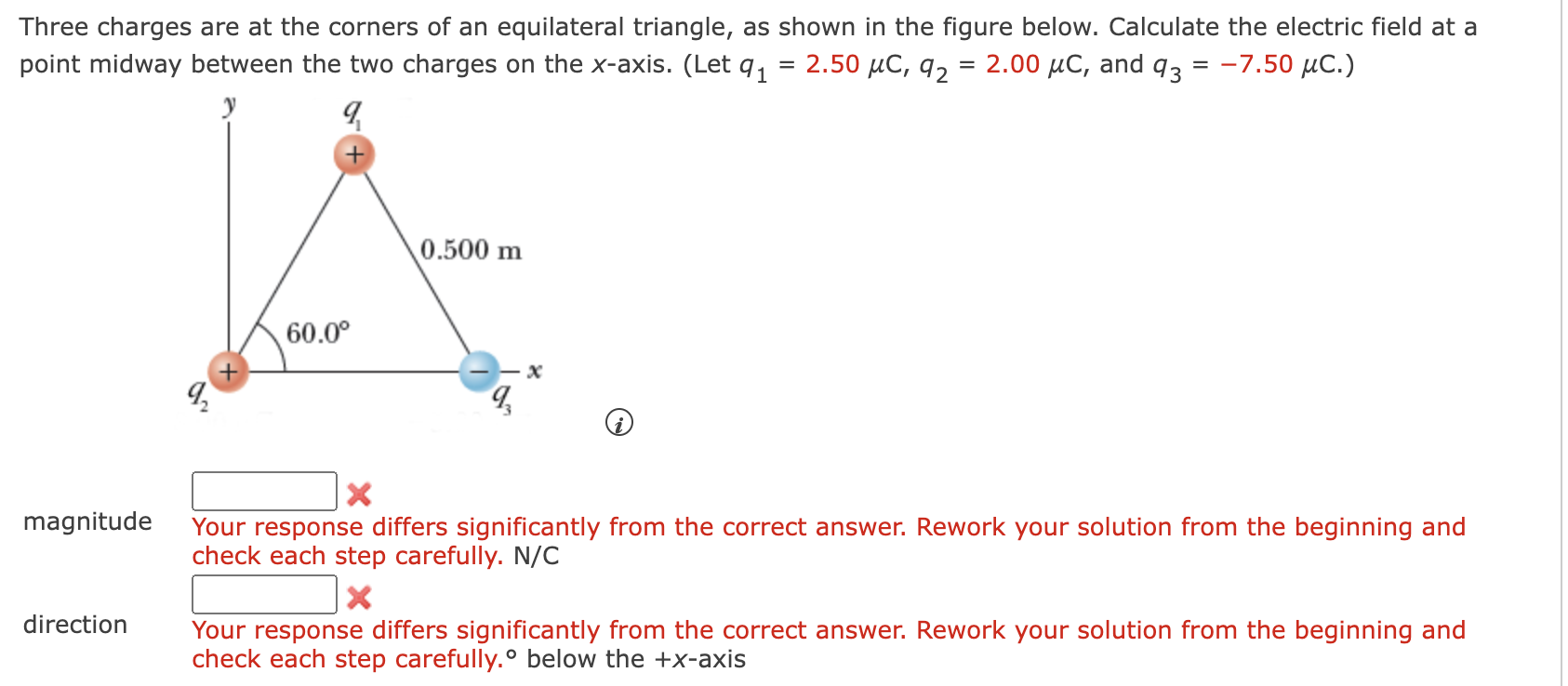 Solved Three charges are at the corners of an equilateral | Chegg.com
