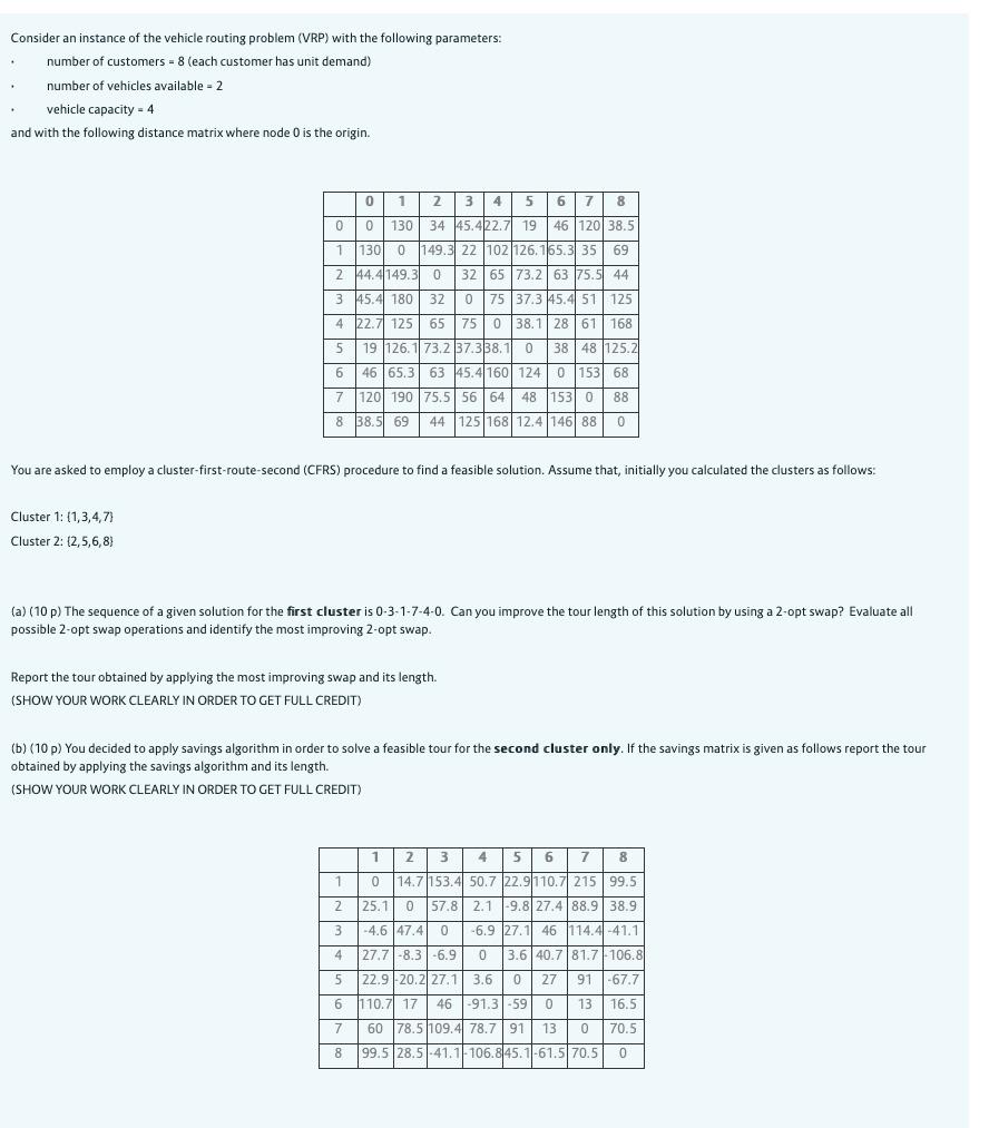 Solved . . Consider an instance of the vehicle routing | Chegg.com