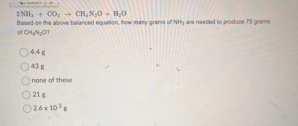 Solved 2NH3+CO2→CH4 N2O+H2O Based on the above balanced | Chegg.com