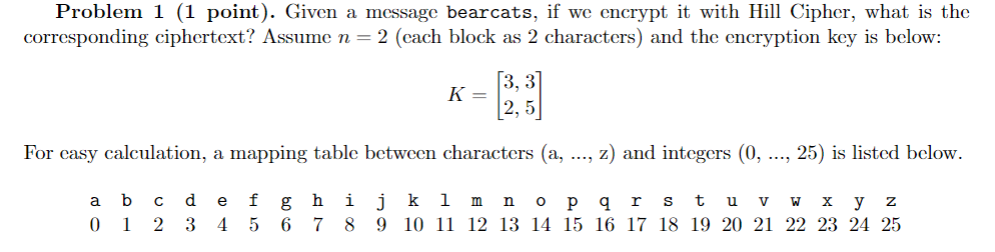 Solved Problem 1 (1 point). Given a message bearcats, if we | Chegg.com