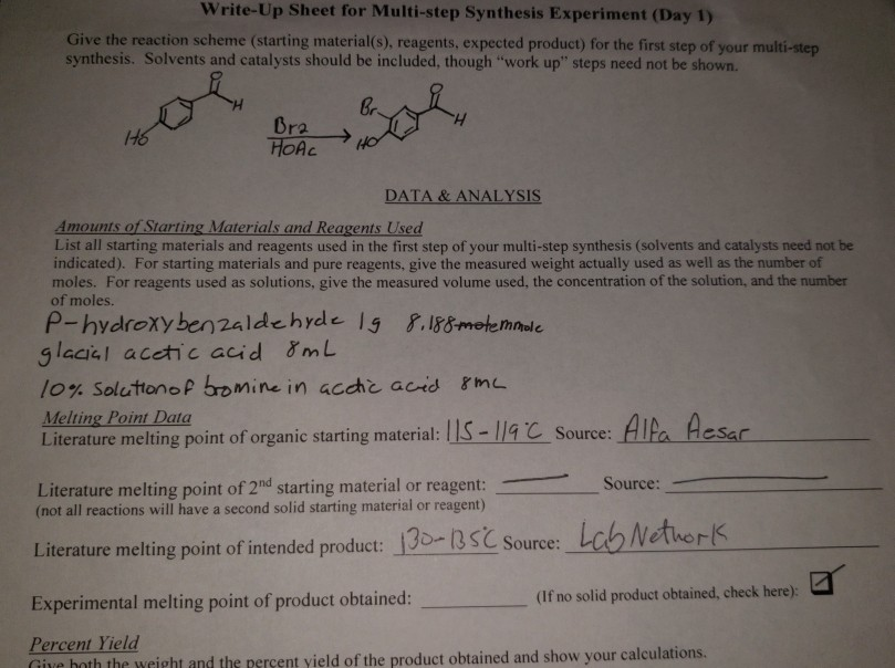 Solved Write-Up Sheet for Multi-step Synthesis Experiment | Chegg.com