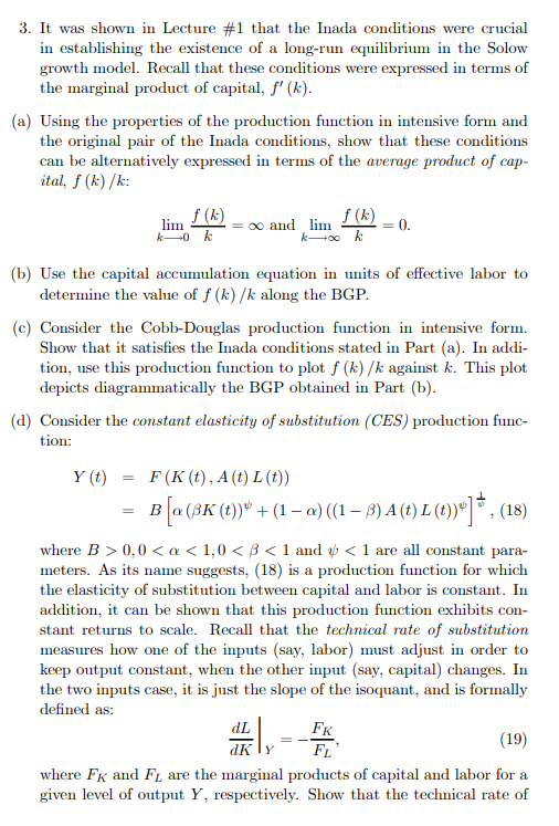 Solved 3. It was shown in Lecture \#1 that the Inada | Chegg.com