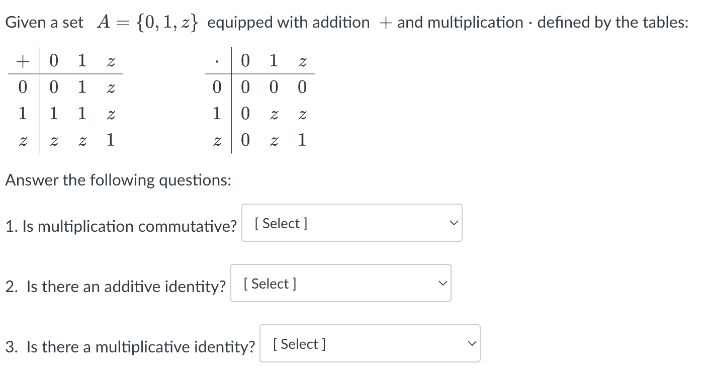 Solved Given a set A={0,1,z} equipped with addition + and | Chegg.com