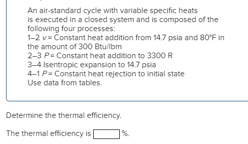 Solved An air-standard cycle with variable specific heats is | Chegg.com