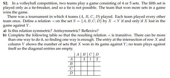 Solved S2. In a volleyball competition, two teams play a | Chegg.com