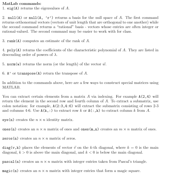 Solved MatLab commands: 1. eig(A) returns the eigenvalues of | Chegg.com
