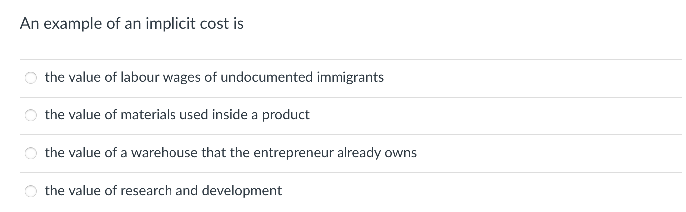 Solved An example of an implicit cost is the value of labour | Chegg.com