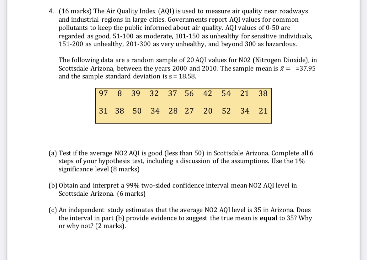 Solved 4. (16 marks) The Air Quality Index (AQI) is used to | Chegg.com
