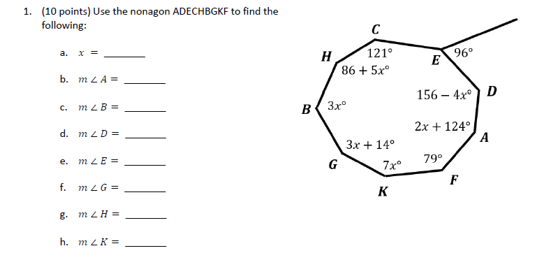 Solved 1. (10 points) Use the nonagon ADECHBGKF to find the | Chegg.com