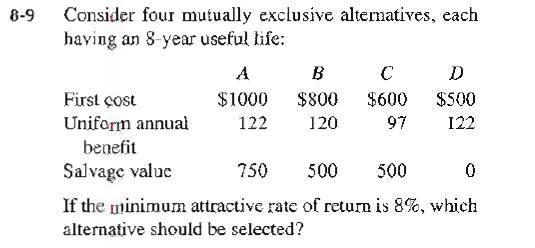 Solved 8-9 Consider four mutually exclusive altematives, | Chegg.com Solved 8-9 Consider four mutually exclusive altematives, | Chegg.com