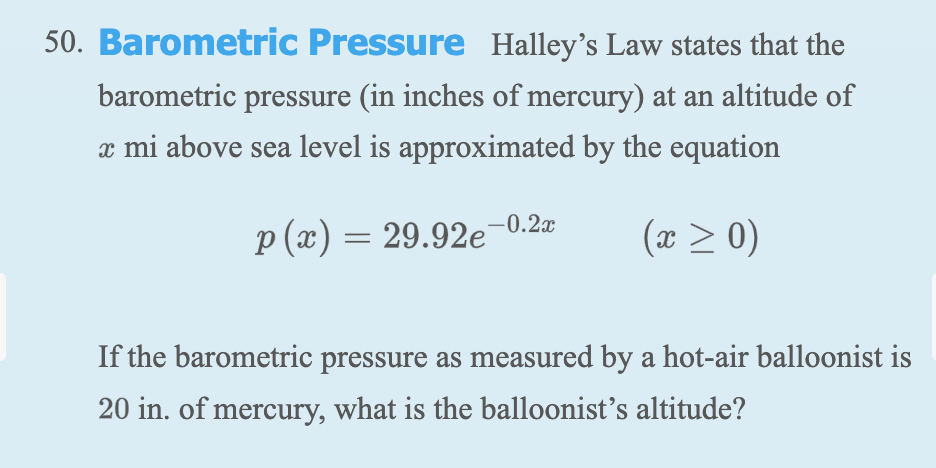 Solved Barometric Pressure Halley's Law states that the | Chegg.com