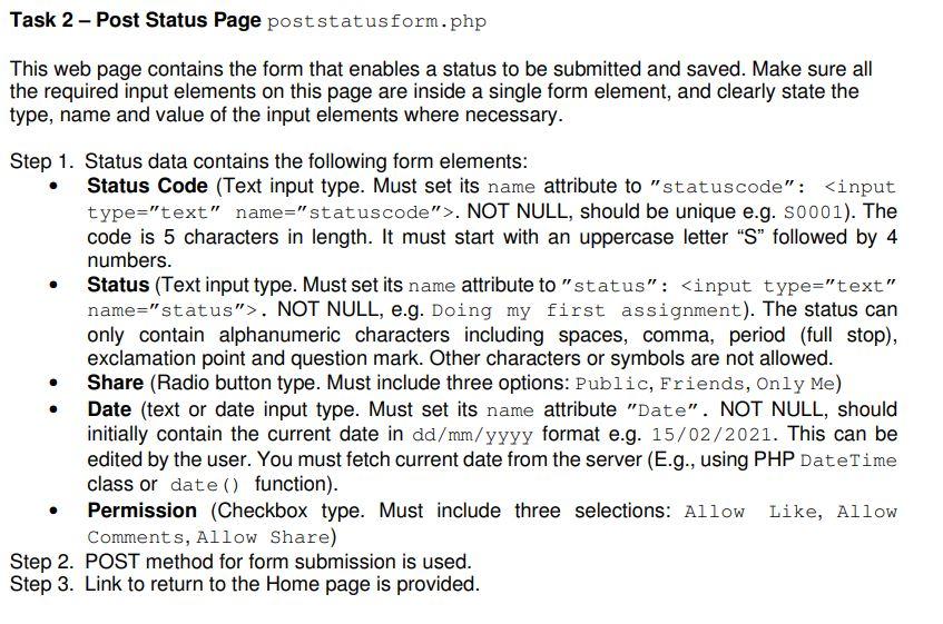 Solved Task 2 - Post Status Page poststatusform.php This web | Chegg.com