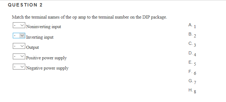 Solved QUESTION 1 Match the terminal names of the op amp to | Chegg.com