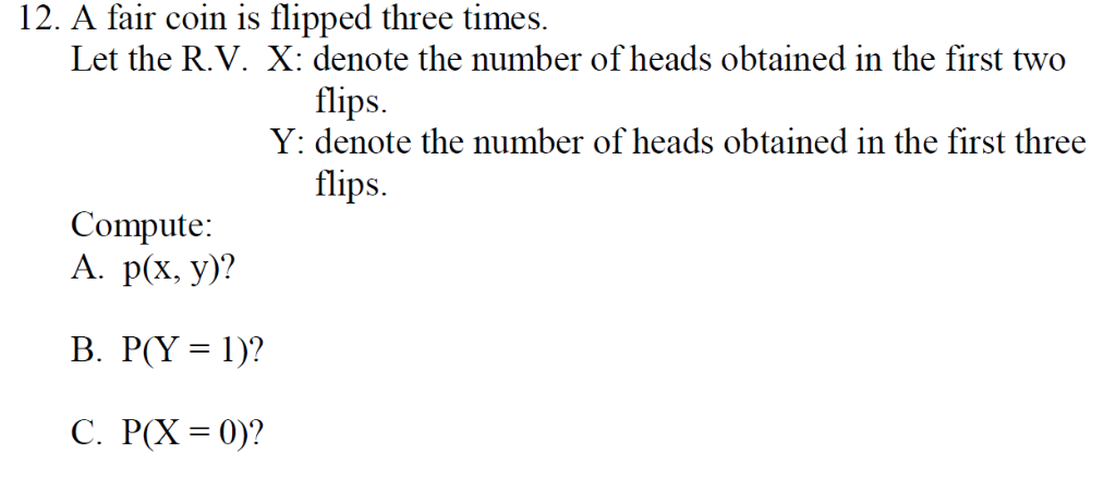 Solved 12. A fair coin is flipped three times. Let the R.V. | Chegg.com