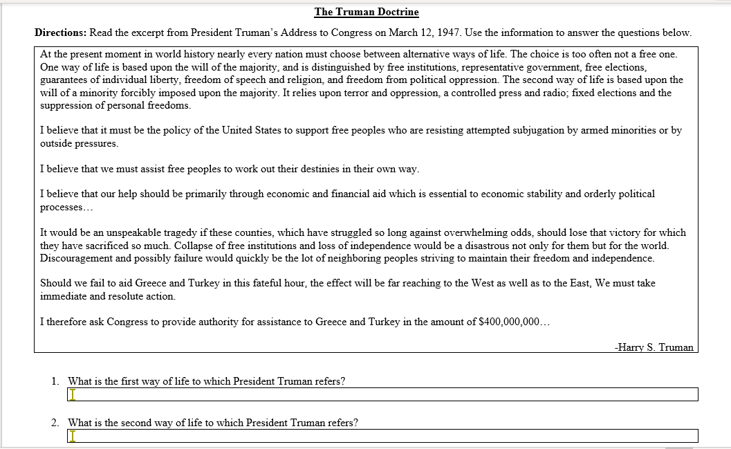 Solved The Truman Doctrine Directions: Read the excerpt from | Chegg.com