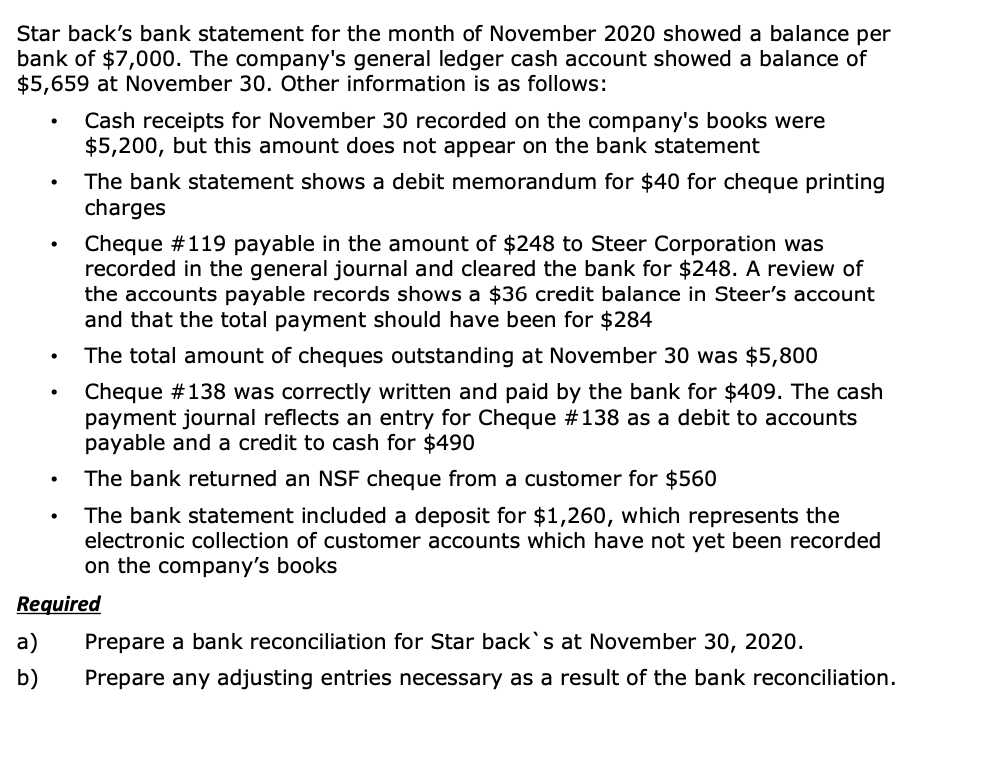 Solved . Star back's bank statement for the month of | Chegg.com