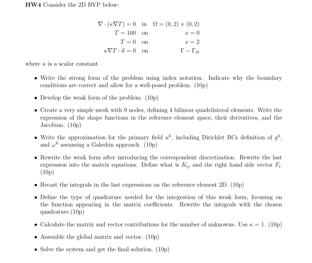 Solved HW4 Consider the 2D BVP below: where κ is a scalar | Chegg.com