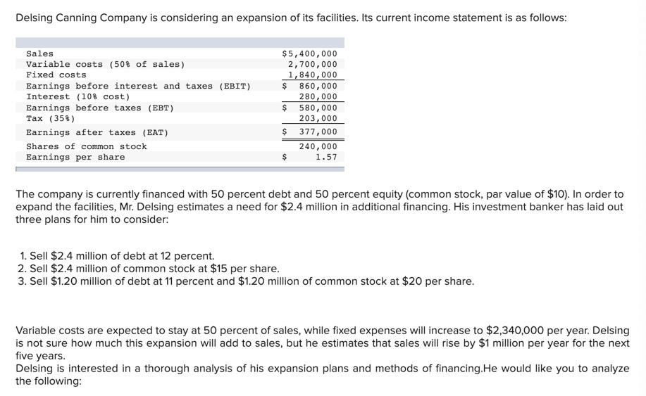 Solved Delsing Canning Company is considering an expansion | Chegg.com