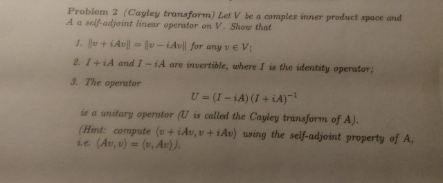 Solved Problem 2 (Cayley transform) Let V be a complex inner | Chegg.com