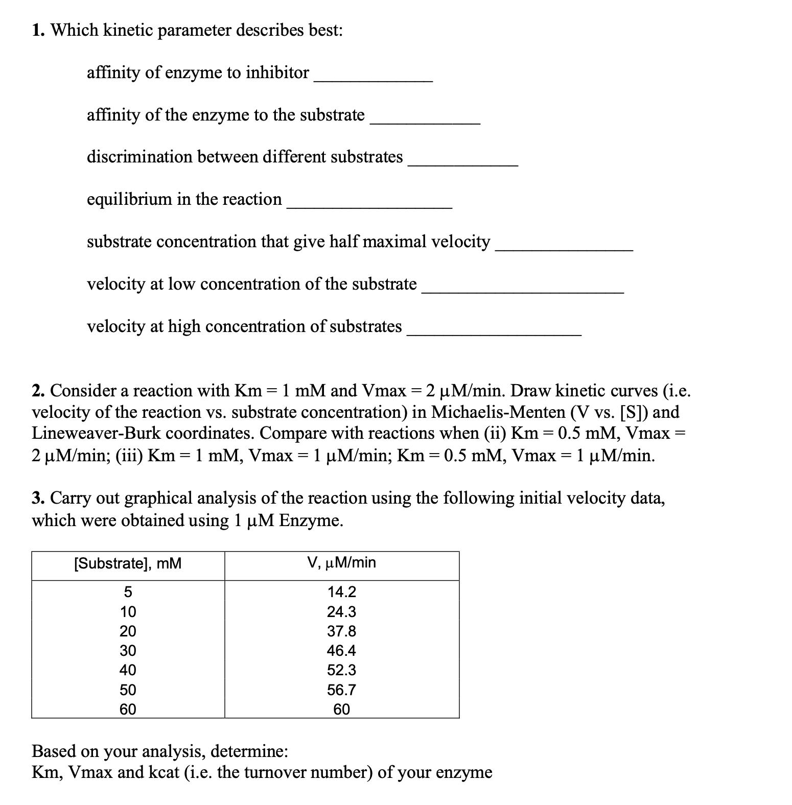 Solved 1. Which kinetic parameter describes best: affinity | Chegg.com