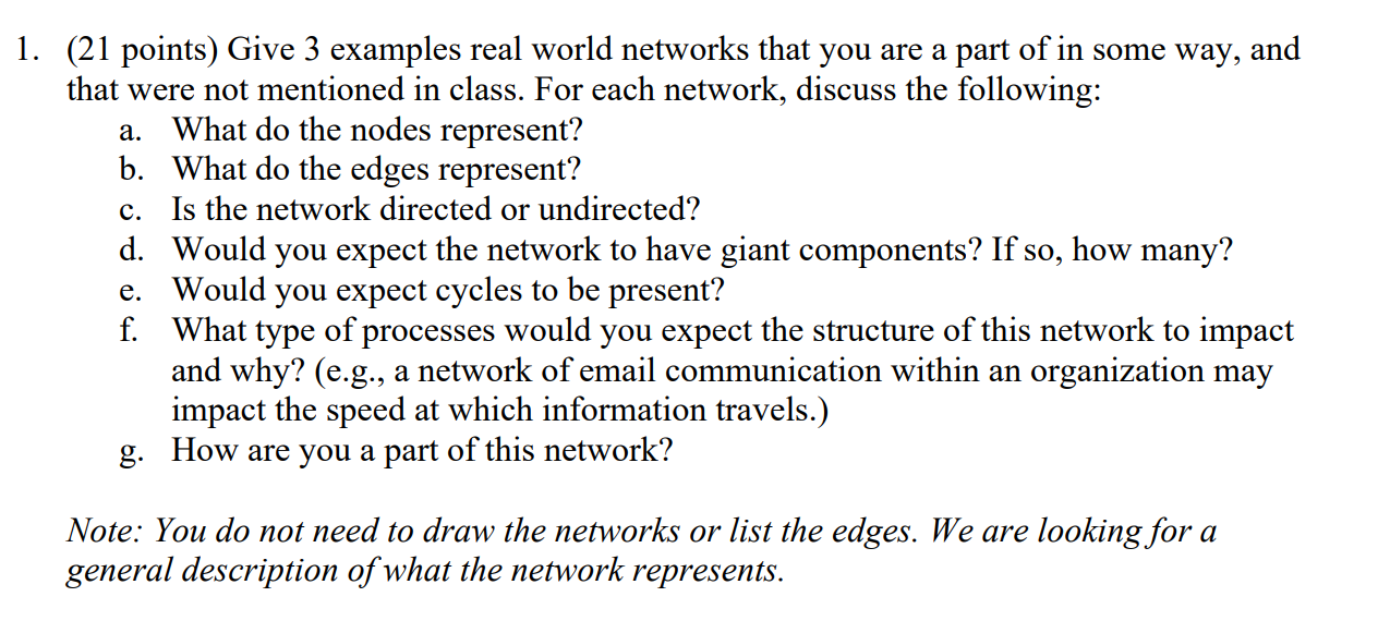 Solved (21 points) Give 3 examples real world networks that | Chegg.com