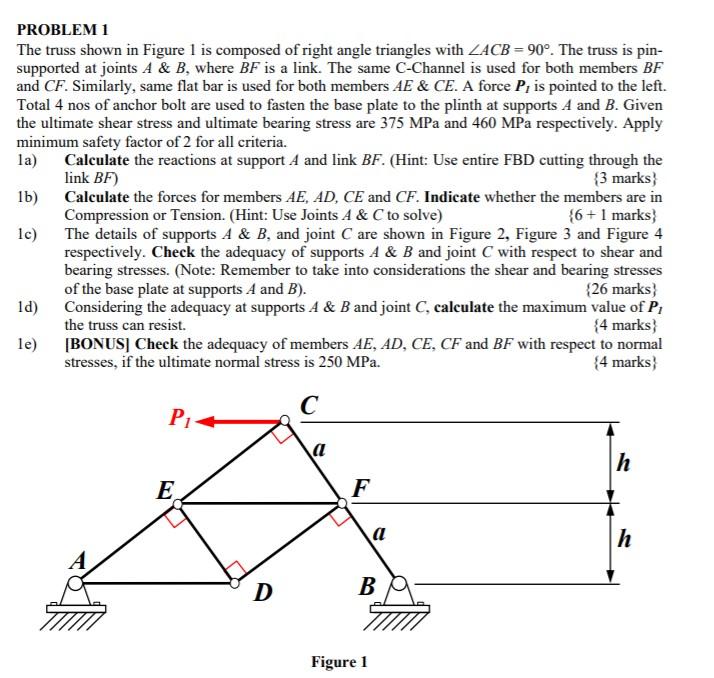 Solved PROBLEM 1 The truss shown in Figure 1 is composed of | Chegg.com