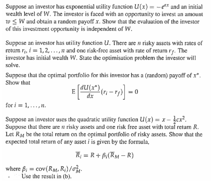 Solved Suppose an investor has exponential utility function | Chegg.com