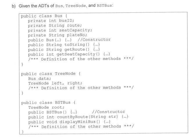 Solved b) Given the ADTs of Bus, TreeNode, and BSTBus: | Chegg.com