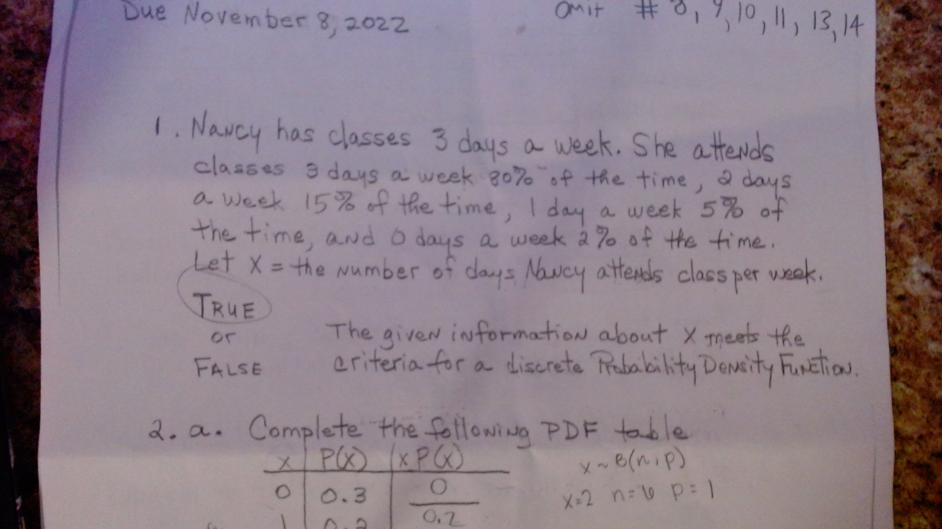Solved 1. Nawcy has classes 3 days a week. She attends | Chegg.com