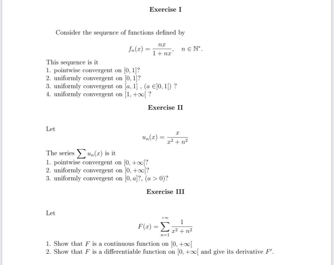 Solved Exercise I Consider the sequence of functions defined | Chegg.com