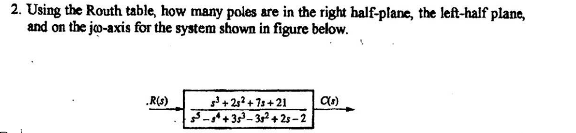 Solved 2. Using the Routh table, how many poles are in the | Chegg.com