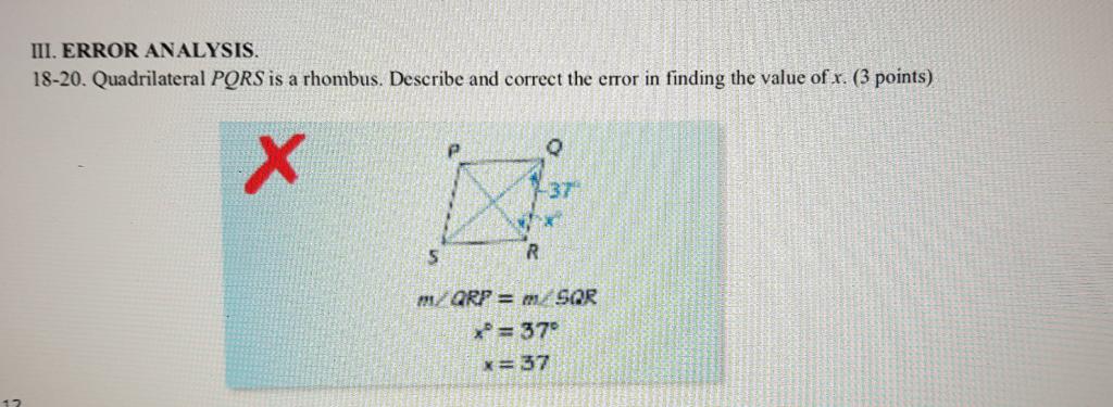 Solved III. ERROR ANALYSIS. 18-20. Quadrilateral PQRS is a | Chegg.com Solved III. ERROR ANALYSIS. 18-20. Quadrilateral PQRS is a | Chegg.com