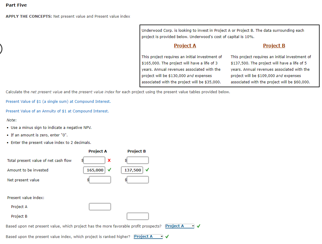 Solved sent value index for each project using the present | Chegg.com